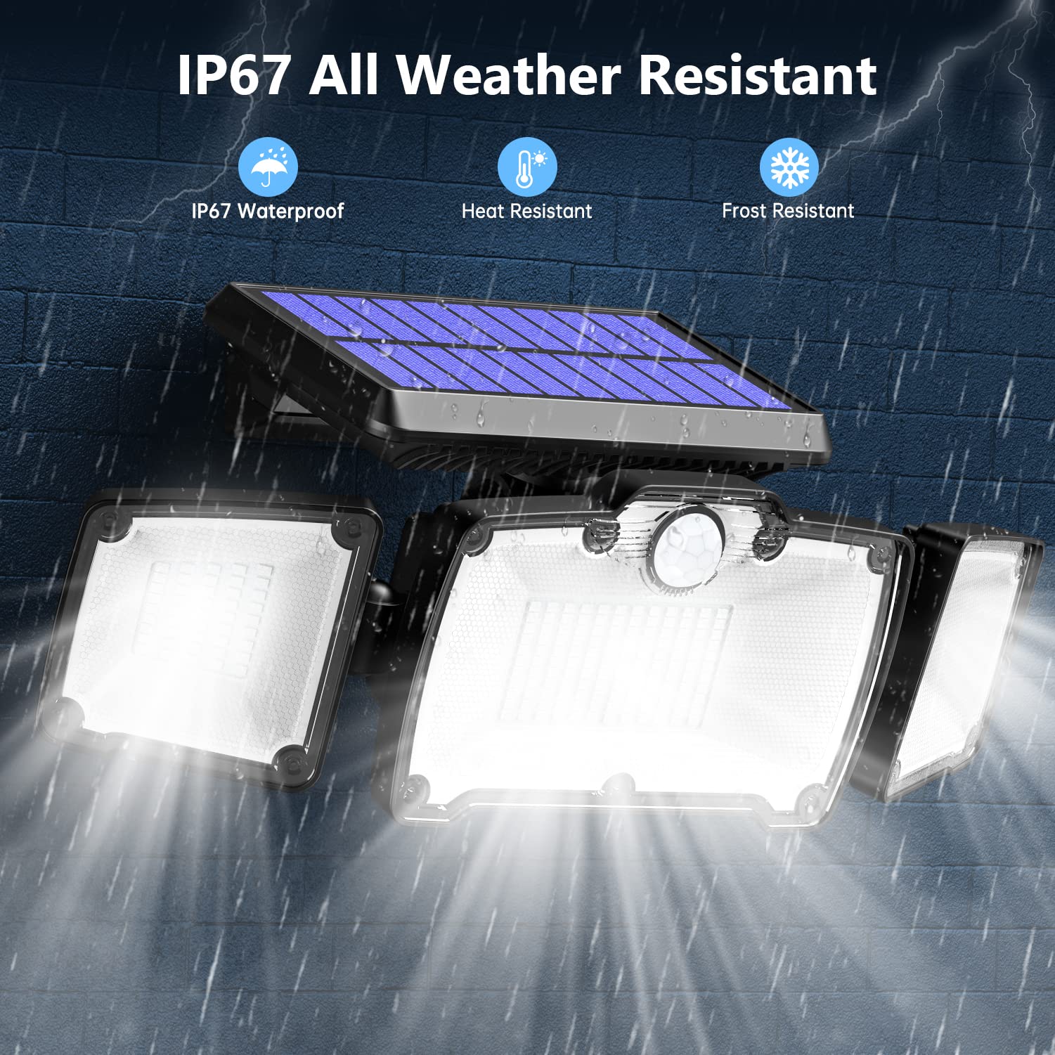 BAILABA Solar Outdoor Lights, 218 LED 2800LM Flood Lights with Remote Control, 3 Heads Solar Security Outdoor Lights, IP67 Waterproof, 270° Wide Angle Illumination Motion Sensor Lights with 3 Modes