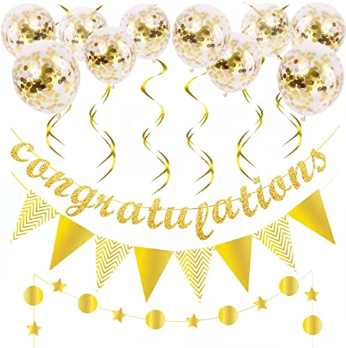 M2YL1DAO Gold congratulations Decorations Set - Gold Glittery congratulations Banner,vintage style pennant，Star and Circle Dots Garland,gold hanging swirls， Gold Confetti Balloons。Graduation , Retirement， Wedding， Birthday， Party photo background fo