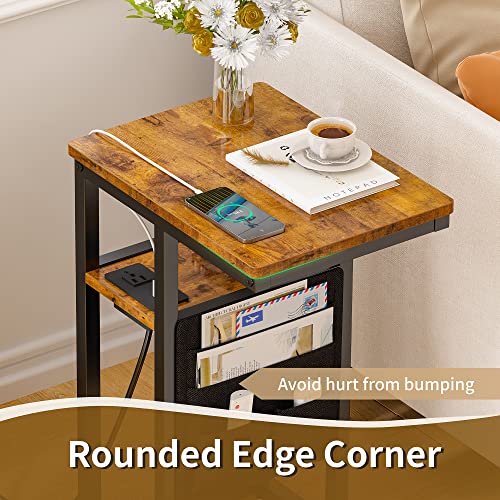 SUPERJARE C Shaped End Table with Charging Station, Side Table with Storage Bag, Couch Table, C Table with USB Port and Outlet, for Living Room, Bed Room, Set of 2, Rustic Brown