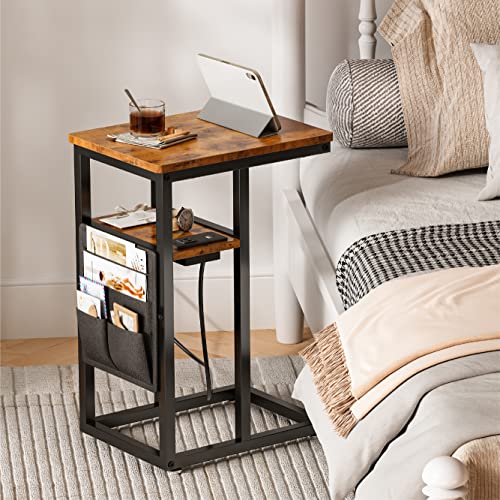 SUPERJARE C Shaped End Table with Charging Station, Side Table with Storage Bag, Couch Table, C Table with USB Port and Outlet, for Living Room, Bed Room, Set of 2, Rustic Brown