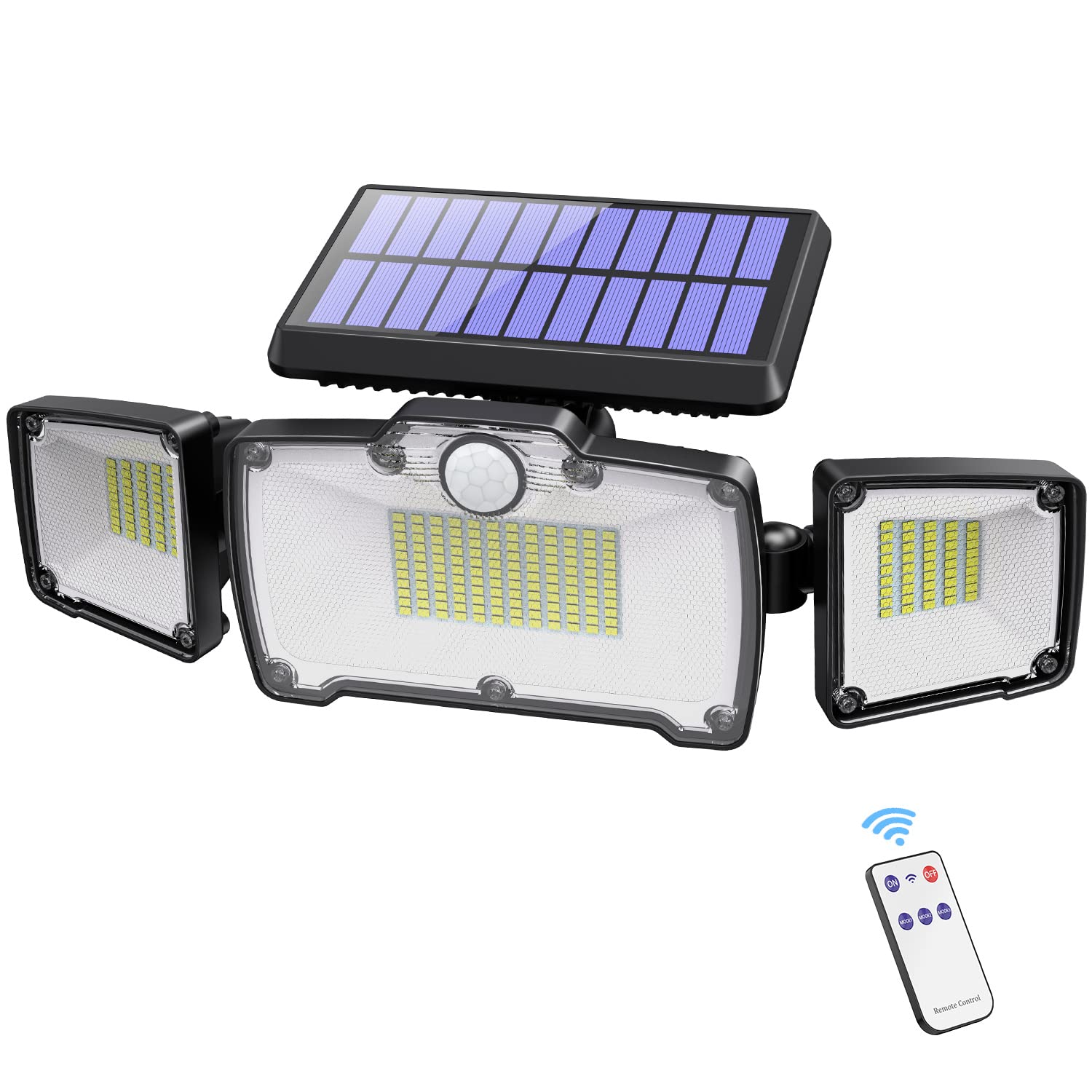 BAILABA Solar Outdoor Lights, 218 LED 2800LM Flood Lights with Remote Control, 3 Heads Solar Security Outdoor Lights, IP67 Waterproof, 270° Wide Angle Illumination Motion Sensor Lights with 3 Modes