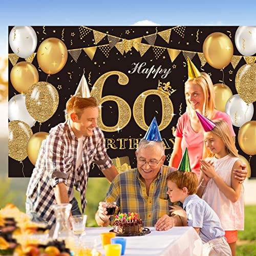 60th Birthday Party Decoration, Extra Large Black and Gold Sign Poster 60th Birthday Party Supplies, 60th Anniversary Backdrop Banner Photo Booth Backdrop Background Banner