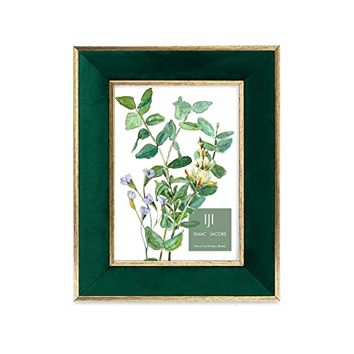 Isaac Jacobs 5x7 Green Velvet Picture Frame with Metallic Gold Double Border, Photo Frame, Horizontal & Vertical, Made for Tabletop & Wall Display, for Home and Office (5x7, Green with Gold)