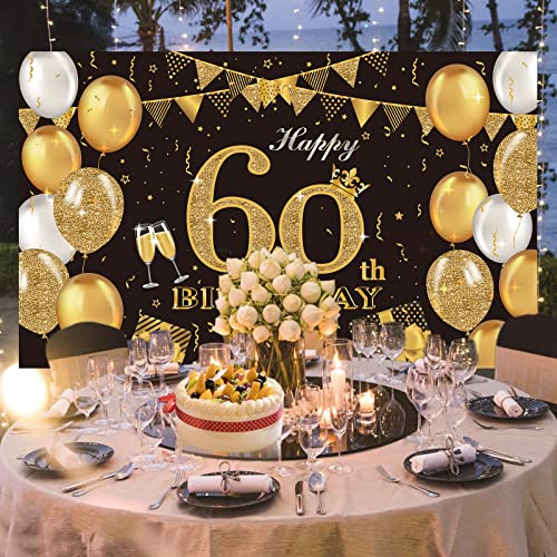 60th Birthday Party Decoration, Extra Large Black and Gold Sign Poster 60th Birthday Party Supplies, 60th Anniversary Backdrop Banner Photo Booth Backdrop Background Banner