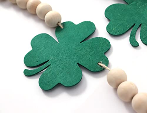 St Patrick’s Day Banner - Shamrock Wooden Beads for Home Decor, Felt Green Lucky Clover Banner with Wooden Beads, Shamrock Banner, Clover Garland, For St Patrick’s Day Spring Wedding Shower Decoration