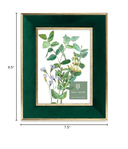 Isaac Jacobs 5x7 Green Velvet Picture Frame with Metallic Gold Double Border, Photo Frame, Horizontal & Vertical, Made for Tabletop & Wall Display, for Home and Office (5x7, Green with Gold)