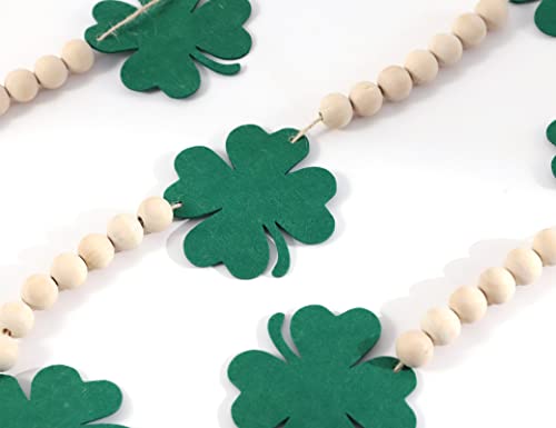 St Patrick’s Day Banner - Shamrock Wooden Beads for Home Decor, Felt Green Lucky Clover Banner with Wooden Beads, Shamrock Banner, Clover Garland, For St Patrick’s Day Spring Wedding Shower Decoration