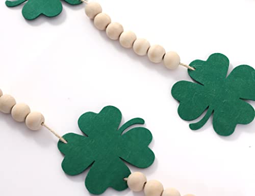 St Patrick’s Day Banner - Shamrock Wooden Beads for Home Decor, Felt Green Lucky Clover Banner with Wooden Beads, Shamrock Banner, Clover Garland, For St Patrick’s Day Spring Wedding Shower Decoration