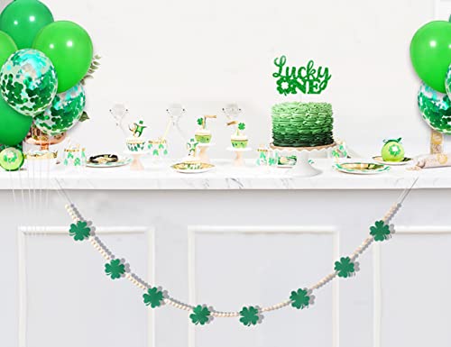 St Patrick’s Day Banner - Shamrock Wooden Beads for Home Decor, Felt Green Lucky Clover Banner with Wooden Beads, Shamrock Banner, Clover Garland, For St Patrick’s Day Spring Wedding Shower Decoration