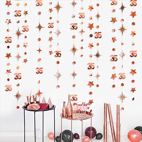 Rose Gold 35th Birthday Decorations Number 35 Circle Dot Twinkle Star Garland Metallic Hanging Streamer Bunting Banner Backdrop for Womens Thirty Five Year Old Birthday 35th Anniversary Party Supplies