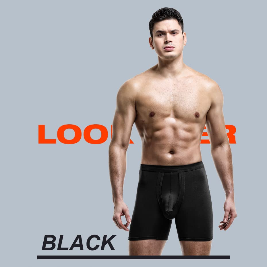 Ouruikia Men's Underwear Boxer Briefs Anti-Chafing Long Leg Mens Boxer Briefs Tagless Boxer Briefs Separate Pouch Large Black/Grey