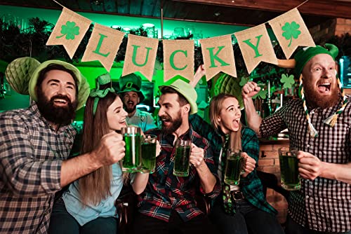 Whaline St. Patrick's Day Banner with String LUCKY Letters Burlap Banner Happy Easter Rabbit Bunting Garland Pre-Assembled Hanging Decoration for Home Party Supplies