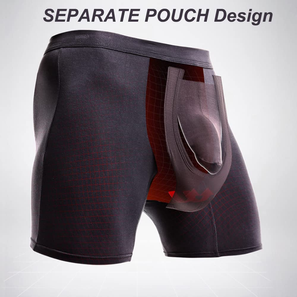 Ouruikia Men's Underwear Boxer Briefs Anti-Chafing Long Leg Mens Boxer Briefs Tagless Boxer Briefs Separate Pouch Large Black/Grey