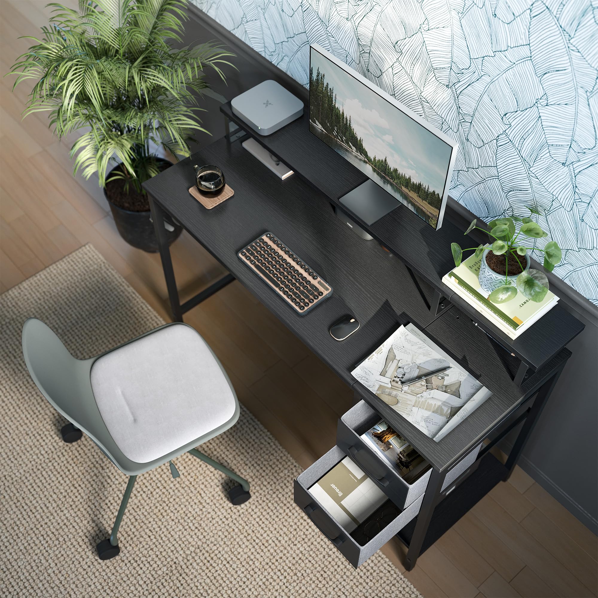 CubiCubi Computer Desk with Drawers, 47 Inch Reversible Office Desk with Monitor Stand and Storage Shelves, Work Writing Study Desk Table for Home, Black