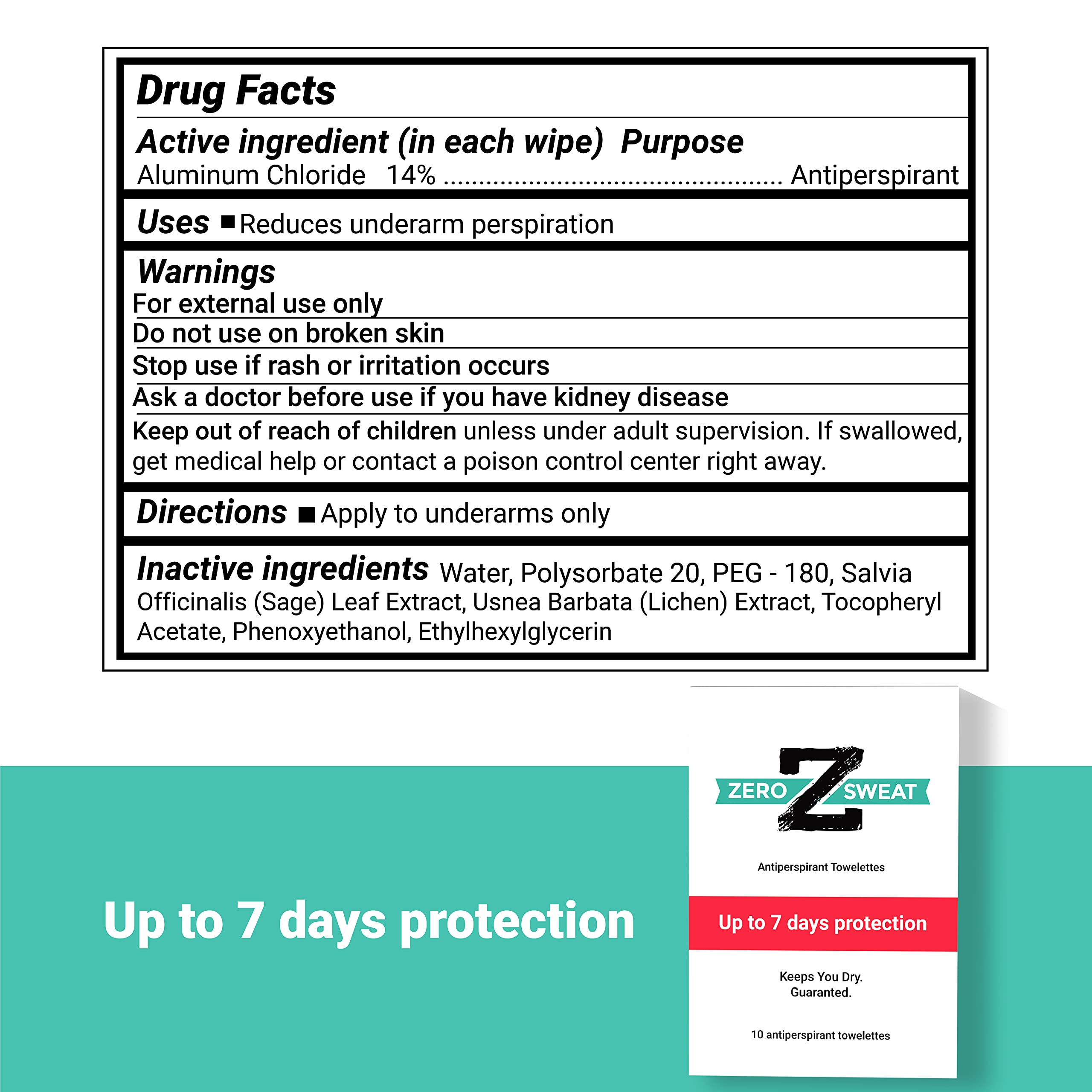 ZeroSweat Antiperspirant Wipes Deodorant | Clinical Strength Hyperhidrosis Treatment - Reduces Armpit Sweat - 10 Wipes New & Improved