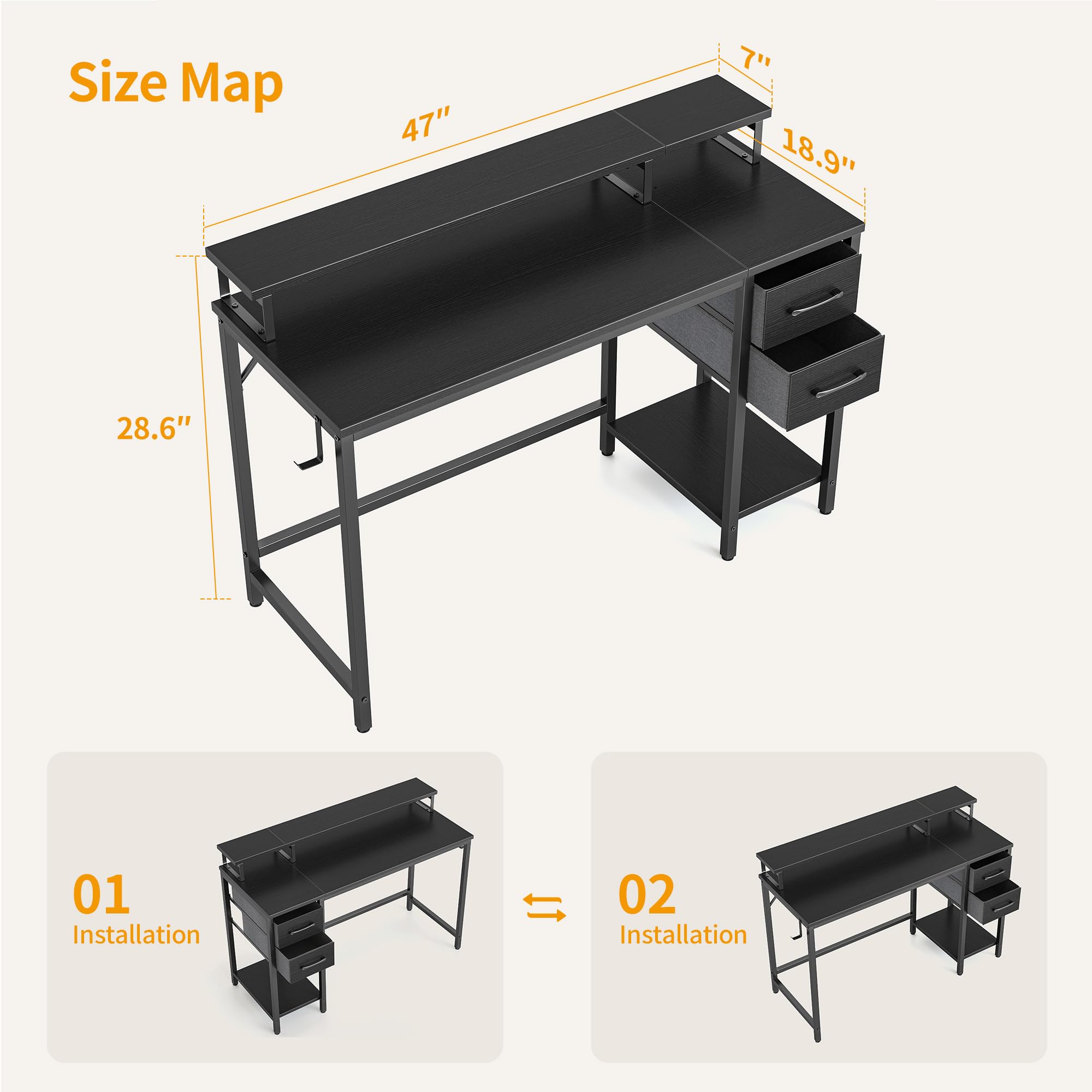 CubiCubi Computer Desk with Drawers, 47 Inch Reversible Office Desk with Monitor Stand and Storage Shelves, Work Writing Study Desk Table for Home, Black