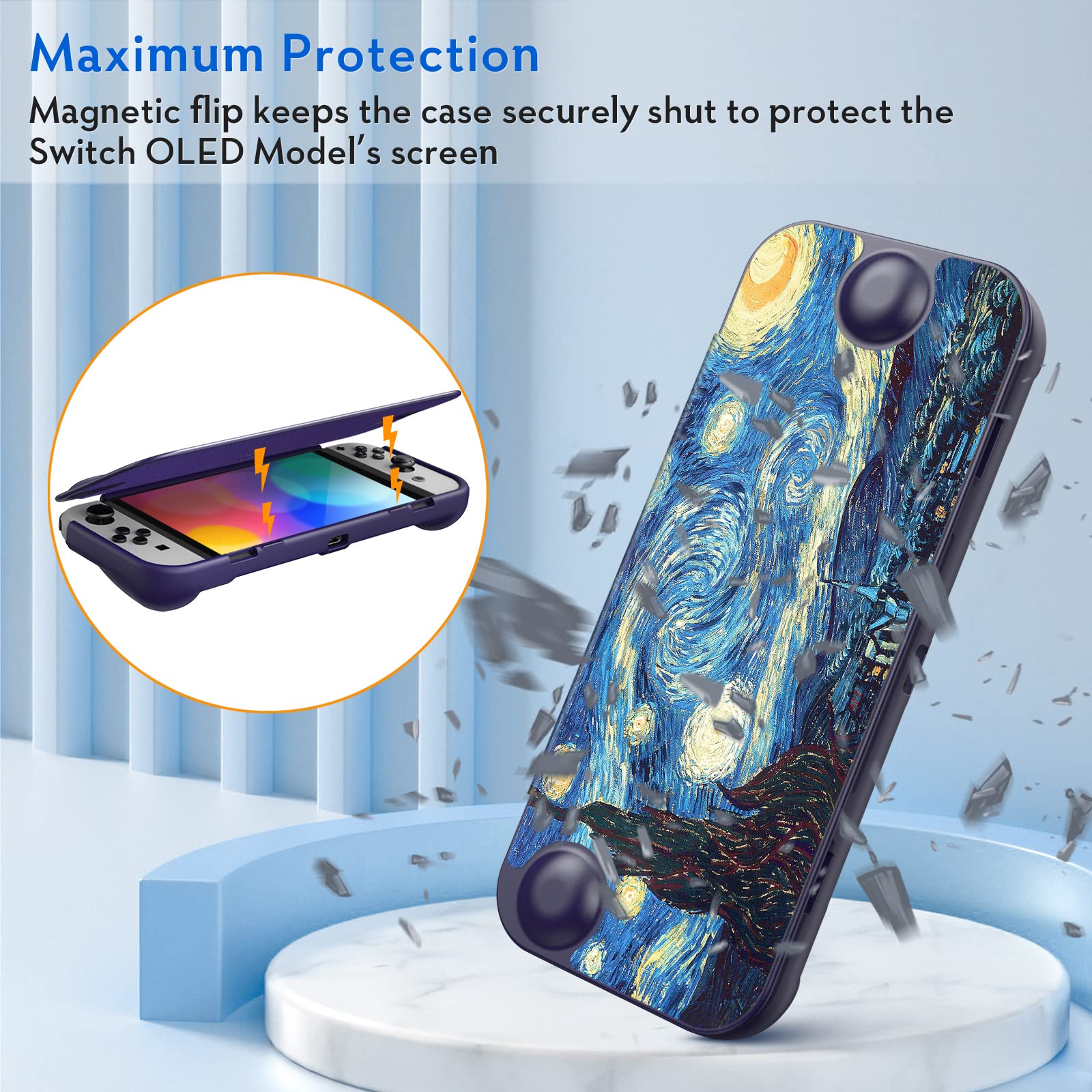 Fintie Flip Case for Nintendo Switch OLED Model - [Screen Safe] Slim Protective Soft TPU Shell with Magnetically Detachable Front Cover & Ergonomic Grip for Switch OLED Model 2021 (Starry Night)