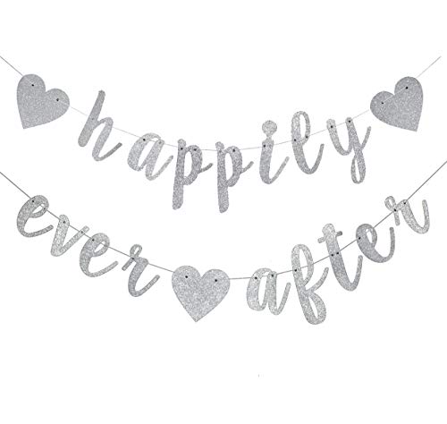 Happily Ever After Silver Glitter Bunting Banner, Engagement, Bridal Shower, Wedding Party Photo Booth Props Signs,Pre-Strung Cursive Bunting (Silver)