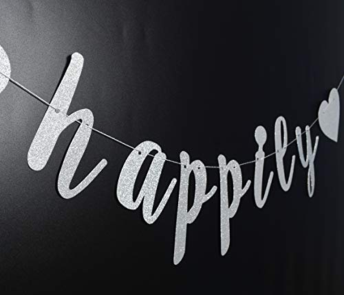 Happily Ever After Silver Glitter Bunting Banner, Engagement, Bridal Shower, Wedding Party Photo Booth Props Signs,Pre-Strung Cursive Bunting (Silver)