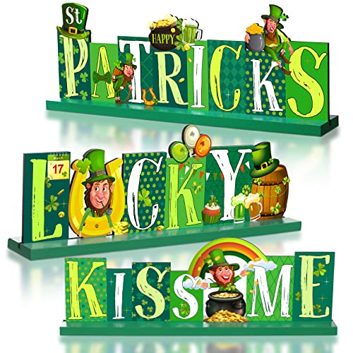 3 Pcs St. Patrick's Day Table Decoration Wood Happy St Patrick's day Sign Irish Lucky Table Centerpiece Green Shamrocks Leprechaun Table Topper Sign for St. Patrick's Day Party Home Table Decor