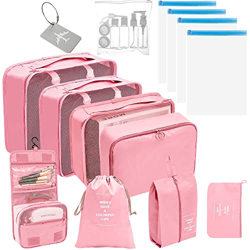 8pcs Compression Packing Cubes for Suitcases + 4pcs Compression Vacuum Storage Bags + Travel Dispenser Bottles Set, Luggage Packing Organizers Travel Accessories (pink)
