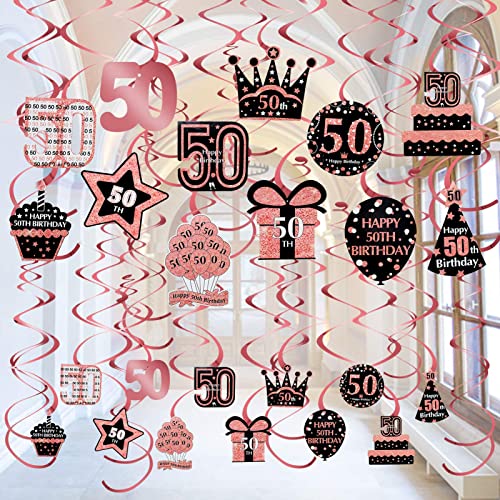 Pimvimcim 50th Birthday Hanging Swirls Decorations for Women, 36pcs Happy 50 Year Old Birthday Swirls Supplies, Rose Gold Fifty Birthday Party Hanging Swirl Décor