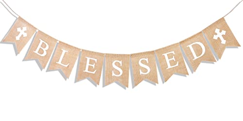 Uniwish Blessed Burlap Banner Easter Baptism Decorations Garland for Home Fireplace Décor Vintage Rustic Hanging Sign Party Supplies