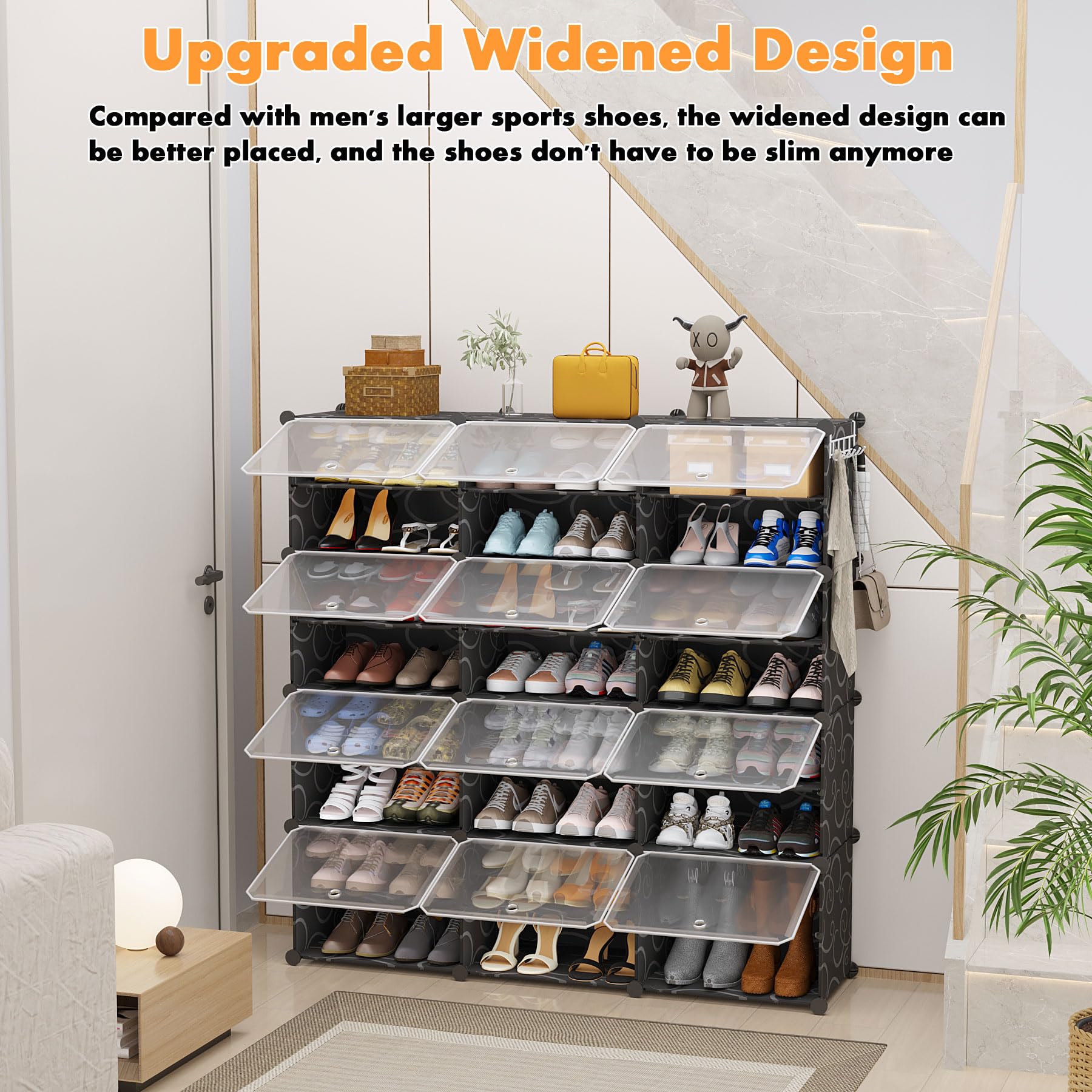 C&AHOME Shoe Rack, 48-Pair 18"x14" Widened Portable Shoe Organizer, 8-Tier Plastic Freestanding Shoe Storage Cabinet, DIY Shoe Shelves with Visualization Doors, 54.6" L × 14.2" W × 56.8" H Black