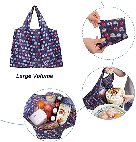 ZEWZE Reusable Shopping Bag, Foldable, Washable Grocery Tote with Pouch, environmental protection, light, small and portable (Cat (blue)+Cat (yellow))