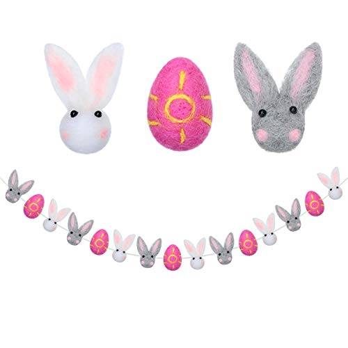 Tatuo Easter Wool Felt Egg Garland Handmade Bunny Pom Pom Garland Colorful Wool Felt Egg Balls Decorations for Spring Easter Indoor Outdoor Home Party Hanging Decor