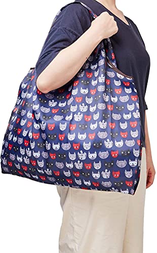 ZEWZE Reusable Shopping Bag, Foldable, Washable Grocery Tote with Pouch, environmental protection, light, small and portable (Cat (blue)+Cat (yellow))