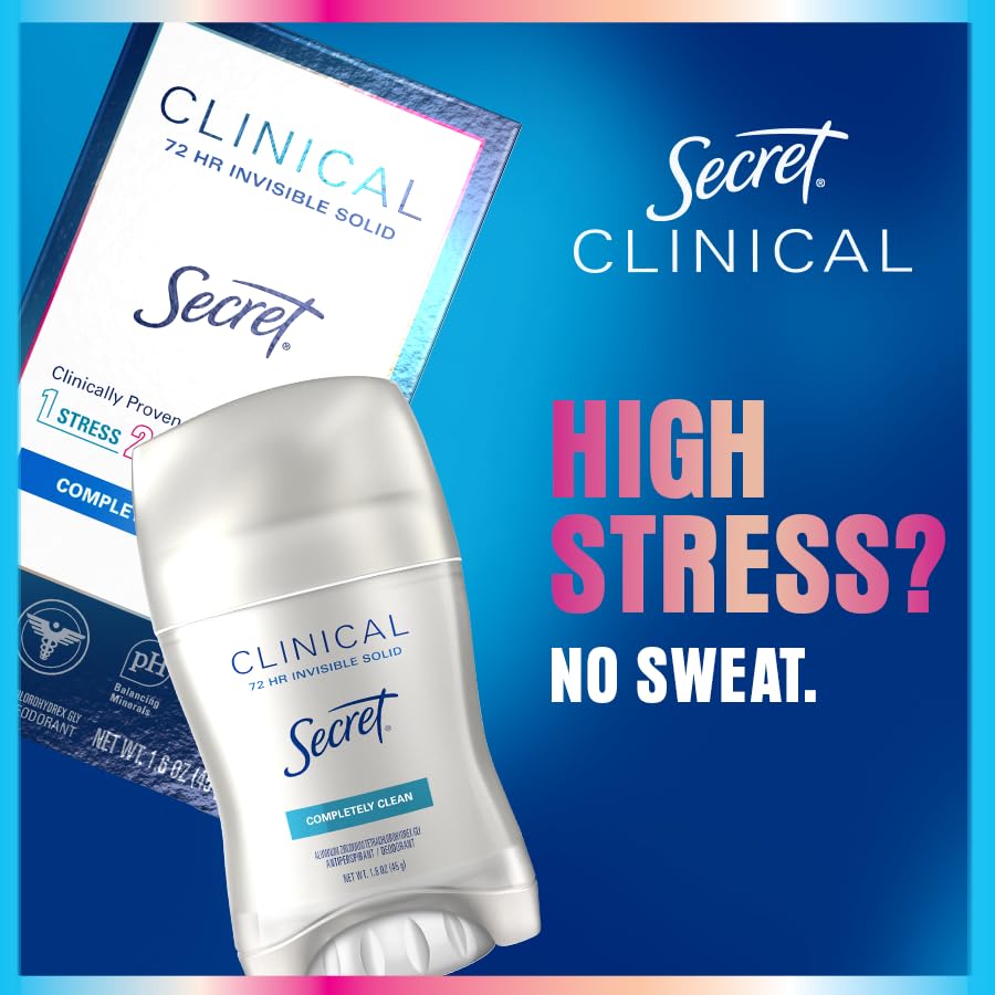 Secret Clinical Strength Antiperspirant Deodorant for Women, Stress Response, 3X Stress Protection, 72hr Sweat & Odor Protection, PH Balancing Minerals, Invisible Solid, 1.6 oz (Pack of 2)