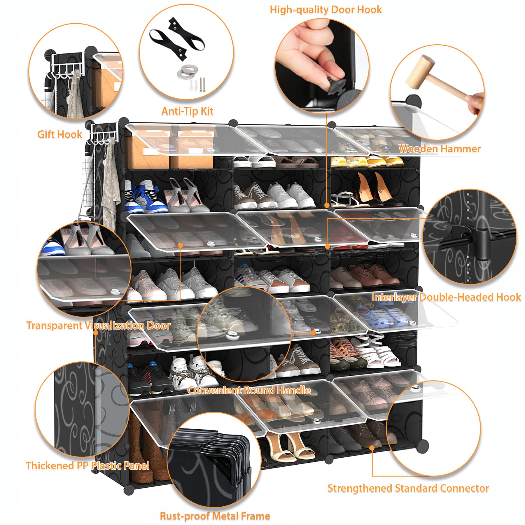 C&AHOME Shoe Rack, 48-Pair 18"x14" Widened Portable Shoe Organizer, 8-Tier Plastic Freestanding Shoe Storage Cabinet, DIY Shoe Shelves with Visualization Doors, 54.6" L × 14.2" W × 56.8" H Black