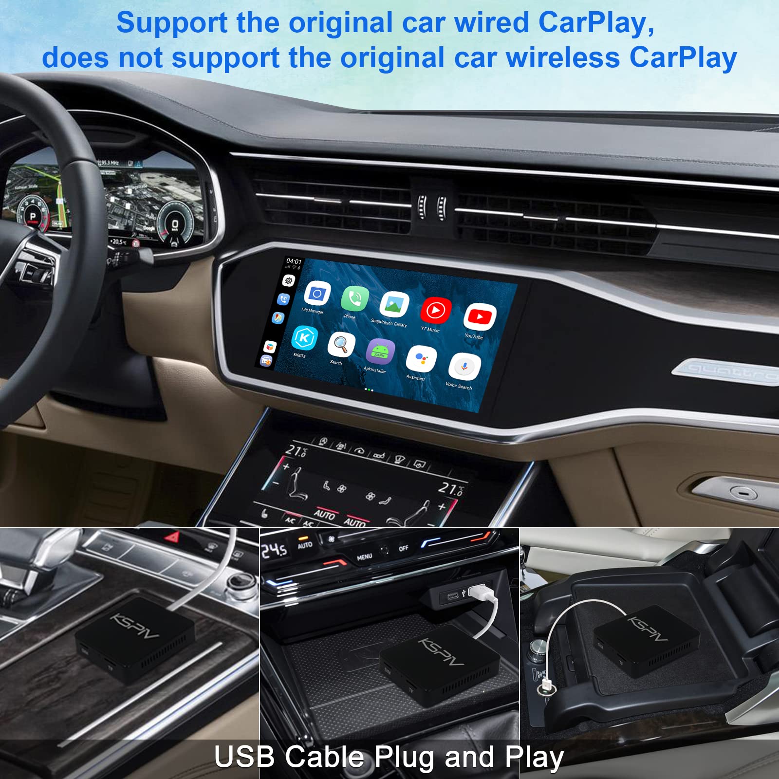 Wirless Carplay Dongle Multimedia Video Adapter Android AI Box 4+64GB for Car with Factory Wired Carplay Support Android Auto Android System USB Plug and Play (C-Touch)