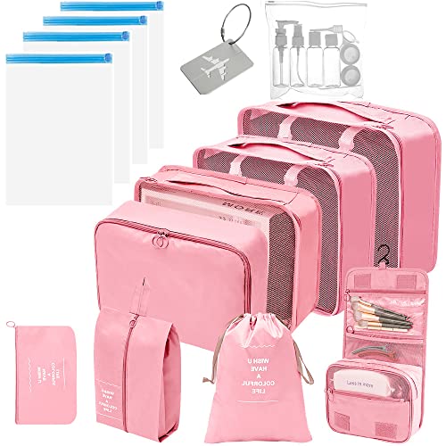 Travel Must Haves 8pcs Packing Cubes for Suitcases + 4pcs Compression Vacuum Storage Bags + Travel Dispenser Bottles Set, Packing Cubes for Carry on Suitcase Travel Essentials (pink)