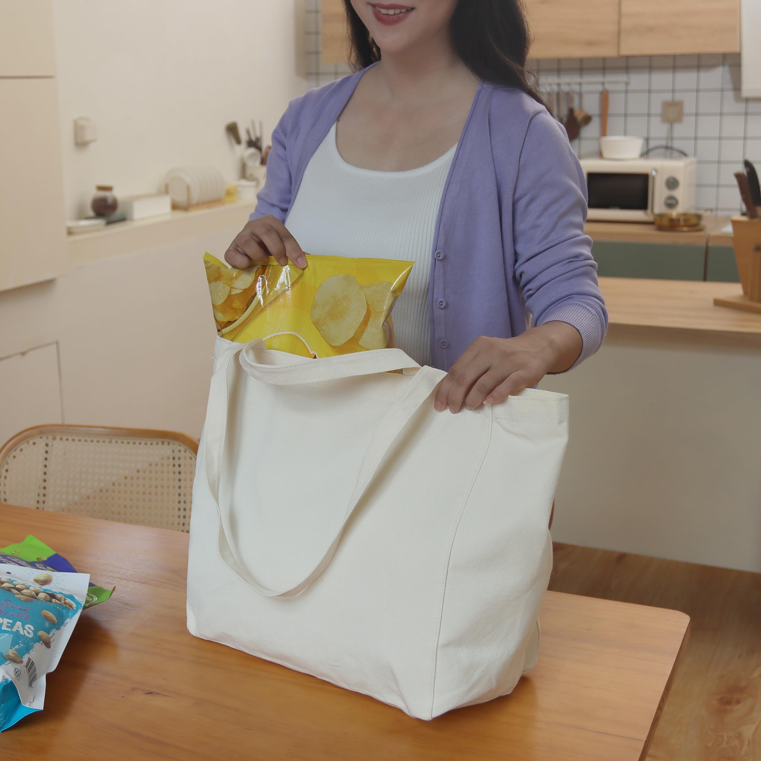 Firecolor Chic Large Canvas Grocery Bag 15"x14.5"x8" Big Sturdy Tote Bags for Fabric Painting Heavy-duty Cotton Reusable (cream-coloured)