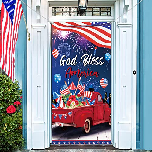 4th of July Banner Patriotic Decoration Independence Day Door Banner 4th of July Door Cover God Bless America Patriotic Banner for Memorial Day Greeting Military Army Party Supplies 71 x 35 Inches