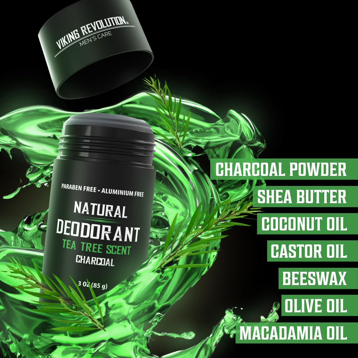 Viking Revolution Tea Tree Deodorant for Men - Natural Deodorant for Men Charcoal Deodorant Men with Shea Butter, Coconut Oil, Baking Soda, Beeswax - Mens Deodorant Aluminum Free (3oz)