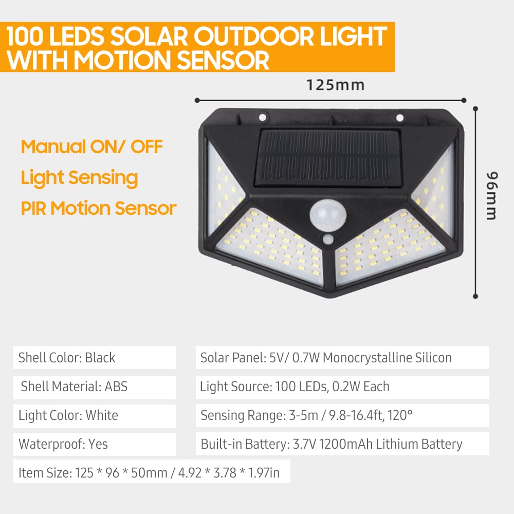 ERYUE Outdoor lamp, Solar Wall Light Motion Sensor 100 LEDs Outdoor Waterproof Solar LED Wall Lamp PIR Solar Powered Landscape Path Lights Auto On/Off for Fence Front Door Gate Balcony Yard Garden