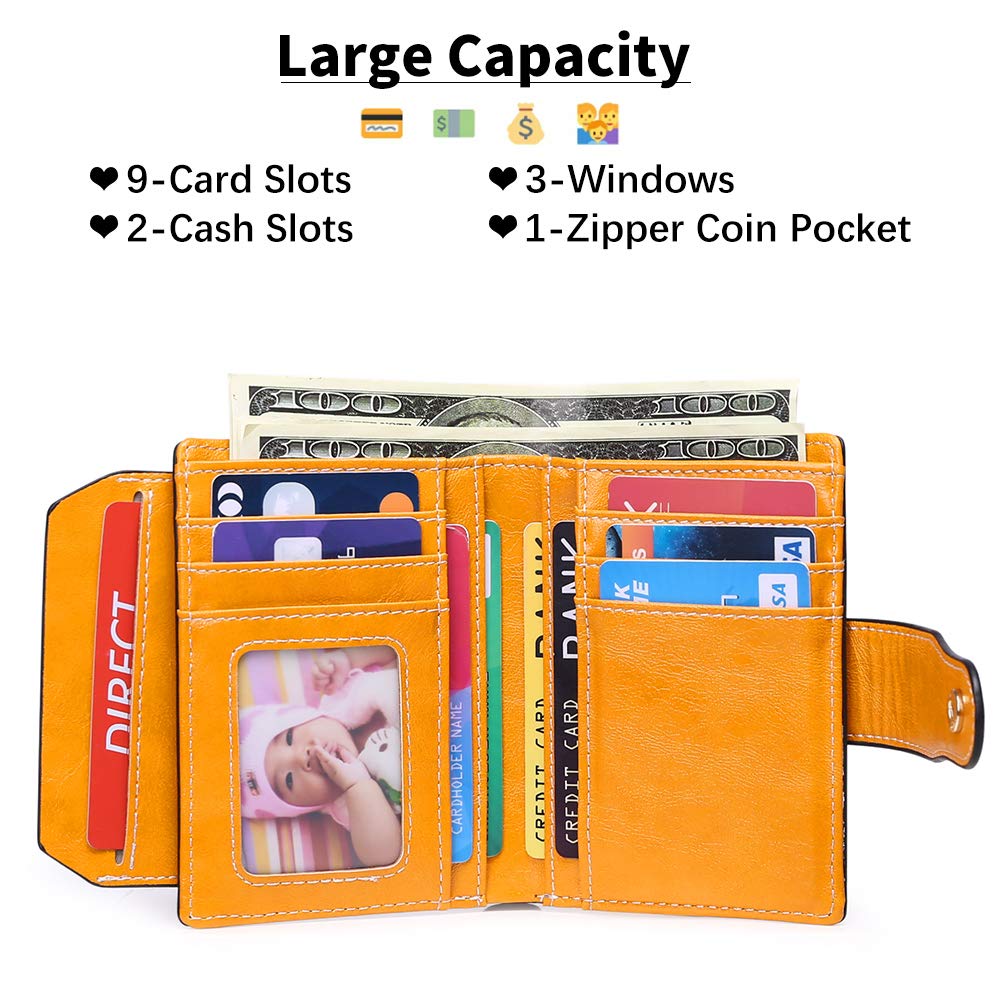 GOIACII Women Wallet RFID Blocking Leather Small Bifold Zipper Pocket Wallet Compact Card Case Purse with ID Window