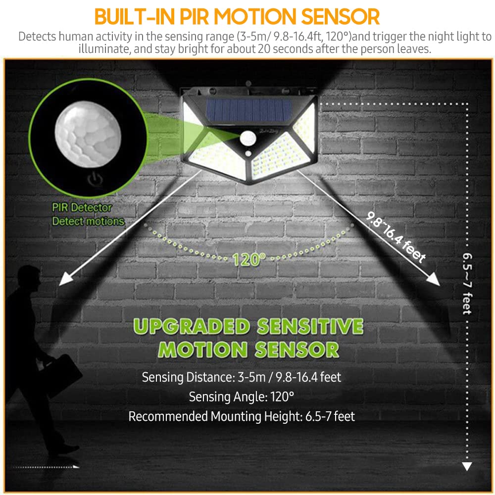 ERYUE Outdoor lamp, Solar Wall Light Motion Sensor 100 LEDs Outdoor Waterproof Solar LED Wall Lamp PIR Solar Powered Landscape Path Lights Auto On/Off for Fence Front Door Gate Balcony Yard Garden
