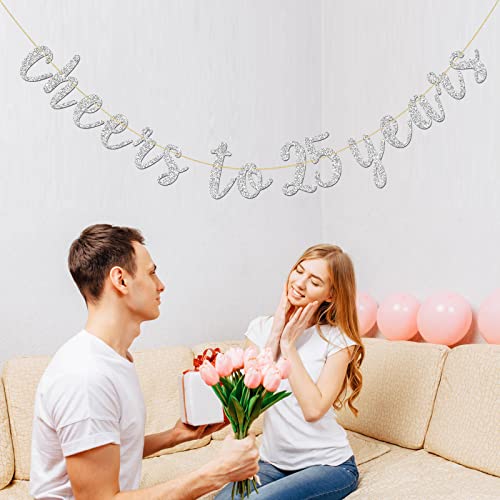 INNORU Glitter Silver Cheers to 25 Years Banner - 25th Birthday Sign Bunting 25th Marriage Anniversary Party Bunting Decorations