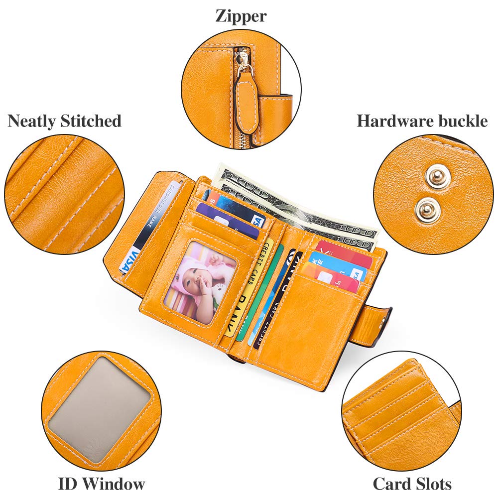 GOIACII Women Wallet RFID Blocking Leather Small Bifold Zipper Pocket Wallet Compact Card Case Purse with ID Window