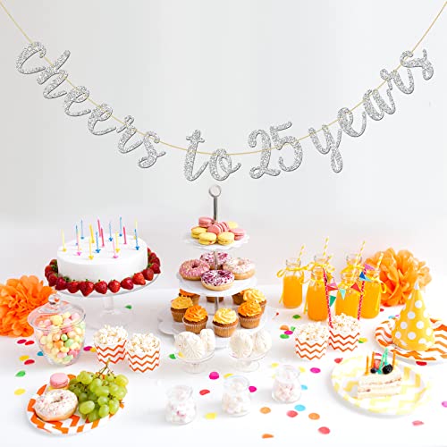 INNORU Glitter Silver Cheers to 25 Years Banner - 25th Birthday Sign Bunting 25th Marriage Anniversary Party Bunting Decorations