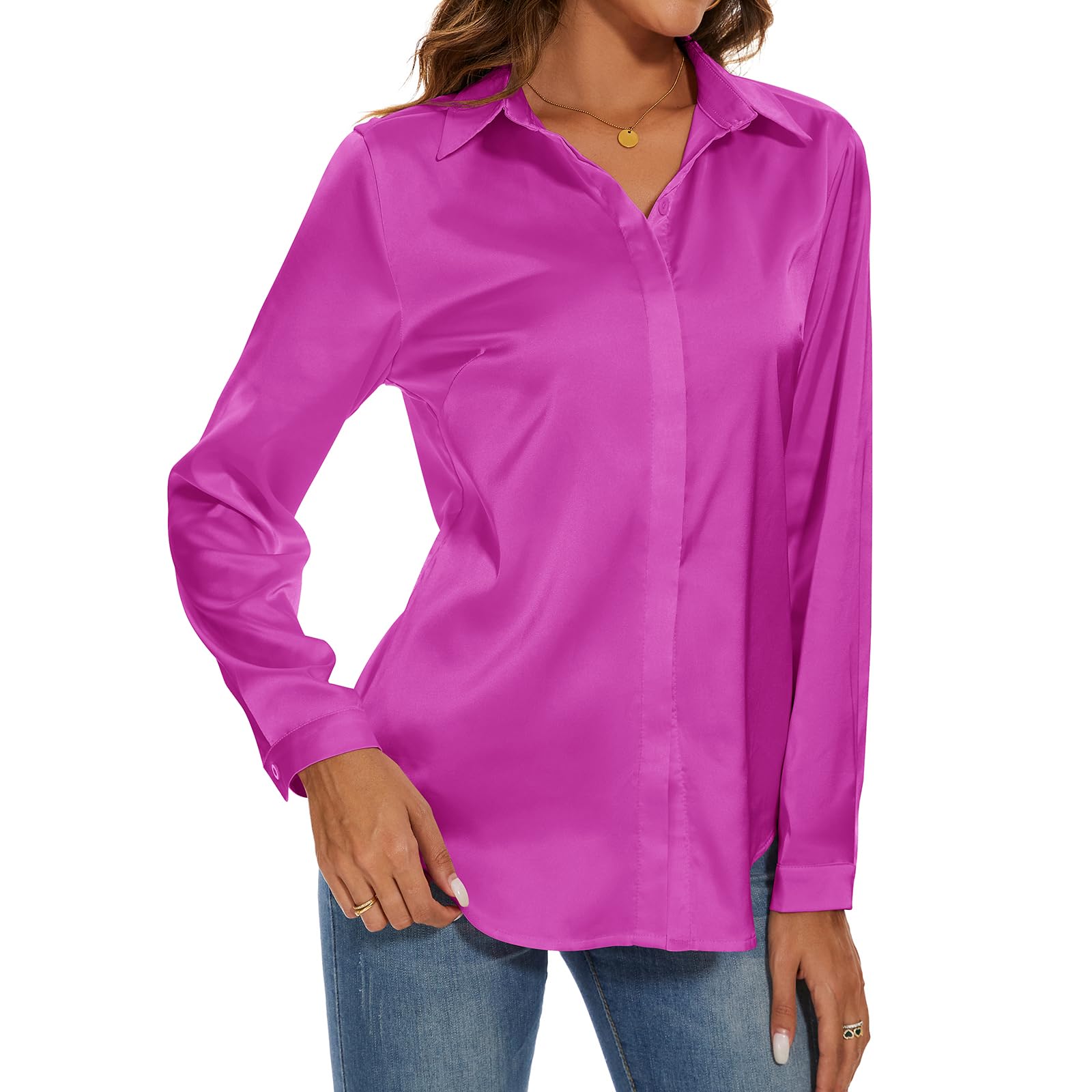 Women's Silk Blouse Long Sleeve Lady Shirt Casual Office Work Blouse Button-Down Shirts Tops(Hot Pink,M)