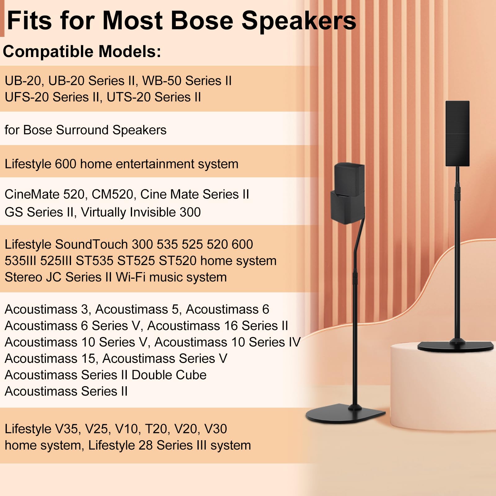 Adjustable Stand for Bose Speaker Stands wr Slideconnect Bracket, for Bose UB-20, UB-20 II, WB-50 II, UFS-20 II, UTS-20 II, CM520, CineMate II, GS II, for Bose Speaker Floor Stands, Pack of 2