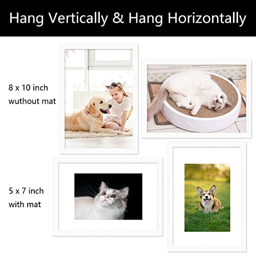 BOANKODU 8x10 Picture Frame Set of 2, Made of High Definition Transparent Plastic for 5x7 with Mat or 8x10 Without Mat, Wall Mounting Photo Frames, White