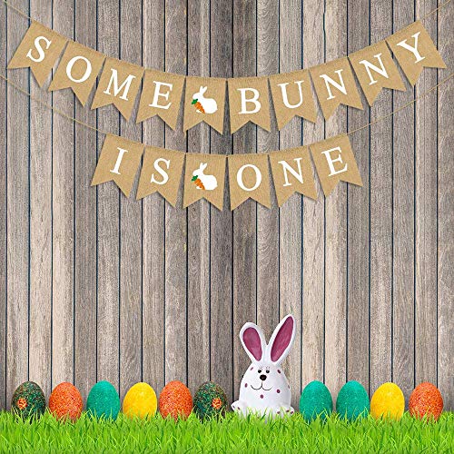 Rainlemon Jute Burlap Some Bunny is One Banner Spring Boy Girl 1st Birthday Party Decoration Supply