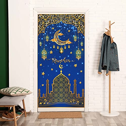 FARMNALL Eid Ramadan Mubarak Door Cover Ramadan Decorations Moon and Star Mosque Lattern Islamic Decorations Door Banner Holiday Decor Pattern Supplies for Home Office
