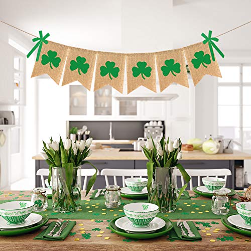 Adurself St. Patrick's Day Burlap Banner Garland Shamrock Clover Rustic Burlap Irish Lucky Day Jute Burlap Mantel Fireplace Wall Hanging for Home Irish Day Celebration St Patricks Day Decorations